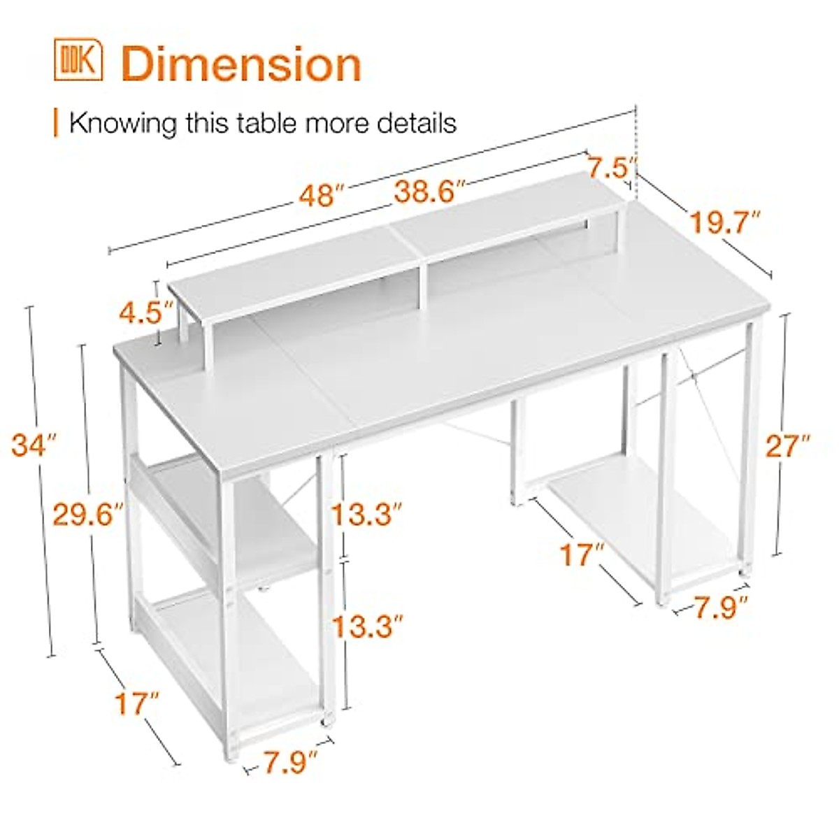 ODK 48 inch Computer Desk with Monitor Shelf and Storage Shelves, Gaming Desk, Study Table with CPU Stand & Reversible Shelves, White