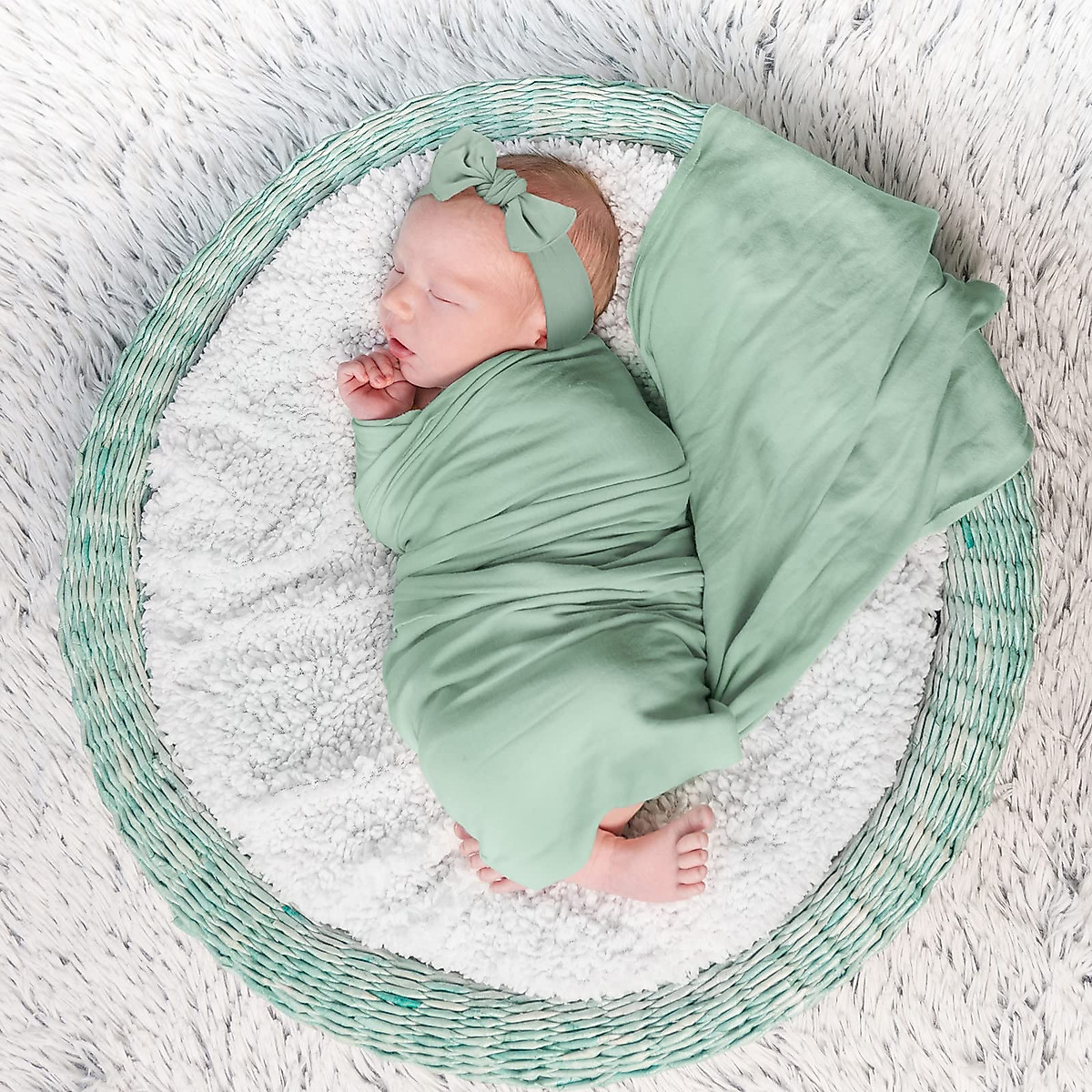 Tudomro 9 Pieces 3 Sets Newborn Swaddle Set with Hat Headband Cotton Baby Swaddle Blanket Newborn Swaddle Wrap Receiving Blanket for Baby Girl Boy, 31.5" x 31.5", Green, Dark Green, Blue