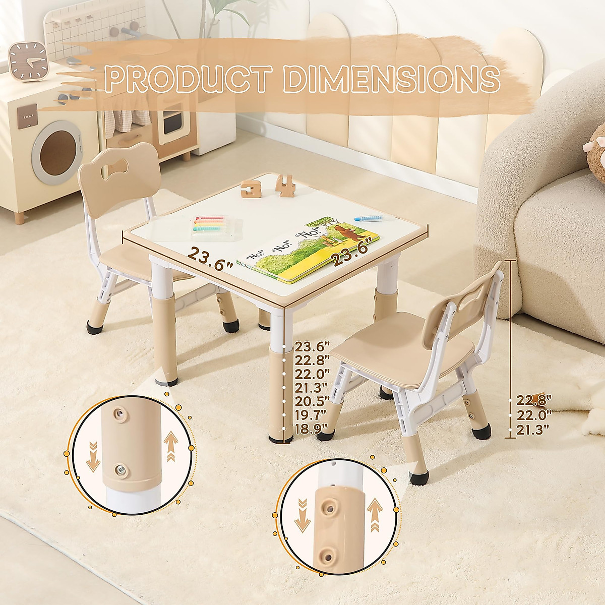 SINKIPA Kids Table and 2 Chairs Set, 23.6''L x 23.6''W Toddler Table and Chairs, Height Adjustable Kids Study Table for Ages 2-10, Graffiti Desktop Children Activity Table with Anti-Slip Foot Covers