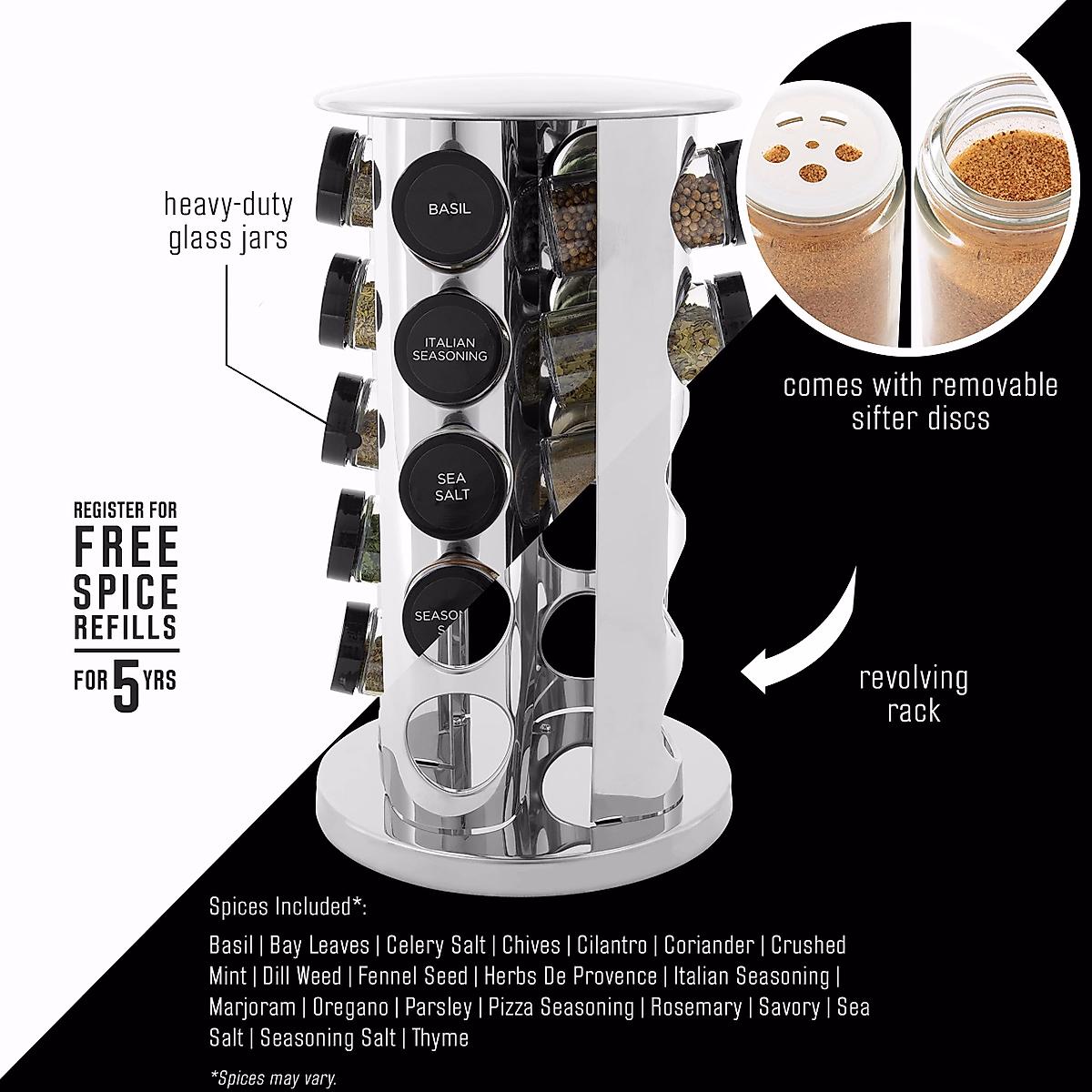 Kamenstein Revolving 20-Jar Countertop Rack Tower Organizer with Free Spice Refills for 5 Years, Polished Stainless Steel with Black Caps