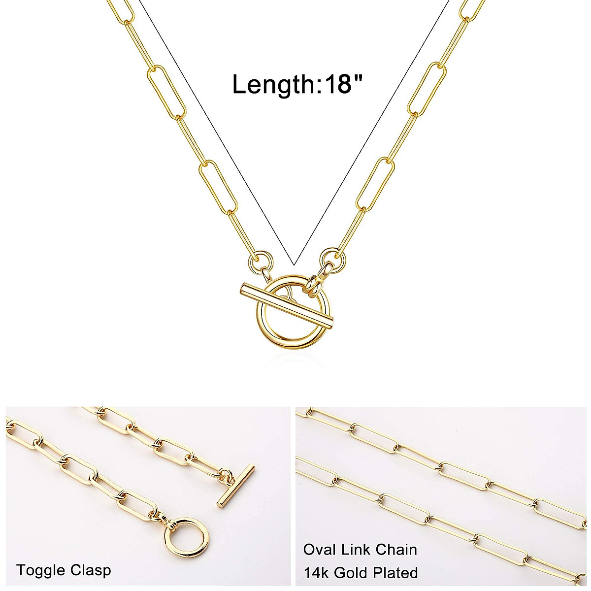 Turandoss Gold Paperclip Chain Necklace, 14K Gold Plated Toggle Clasp Simple Dainty Link Chain Necklace Gold Handmade Choker Oval Link for Women