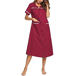 Ekouaer Womens Snap Front Dusters Cotton Housecoat Short Sleeve Nightgown House Dress With Pockets Wine Red S