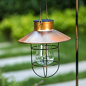 Hanging Solar Lights Lantern Lamp with Shepherd Hook,Metal Waterproof Edison Bulb Lights for Garden Outdoor Pathway (Copper)
