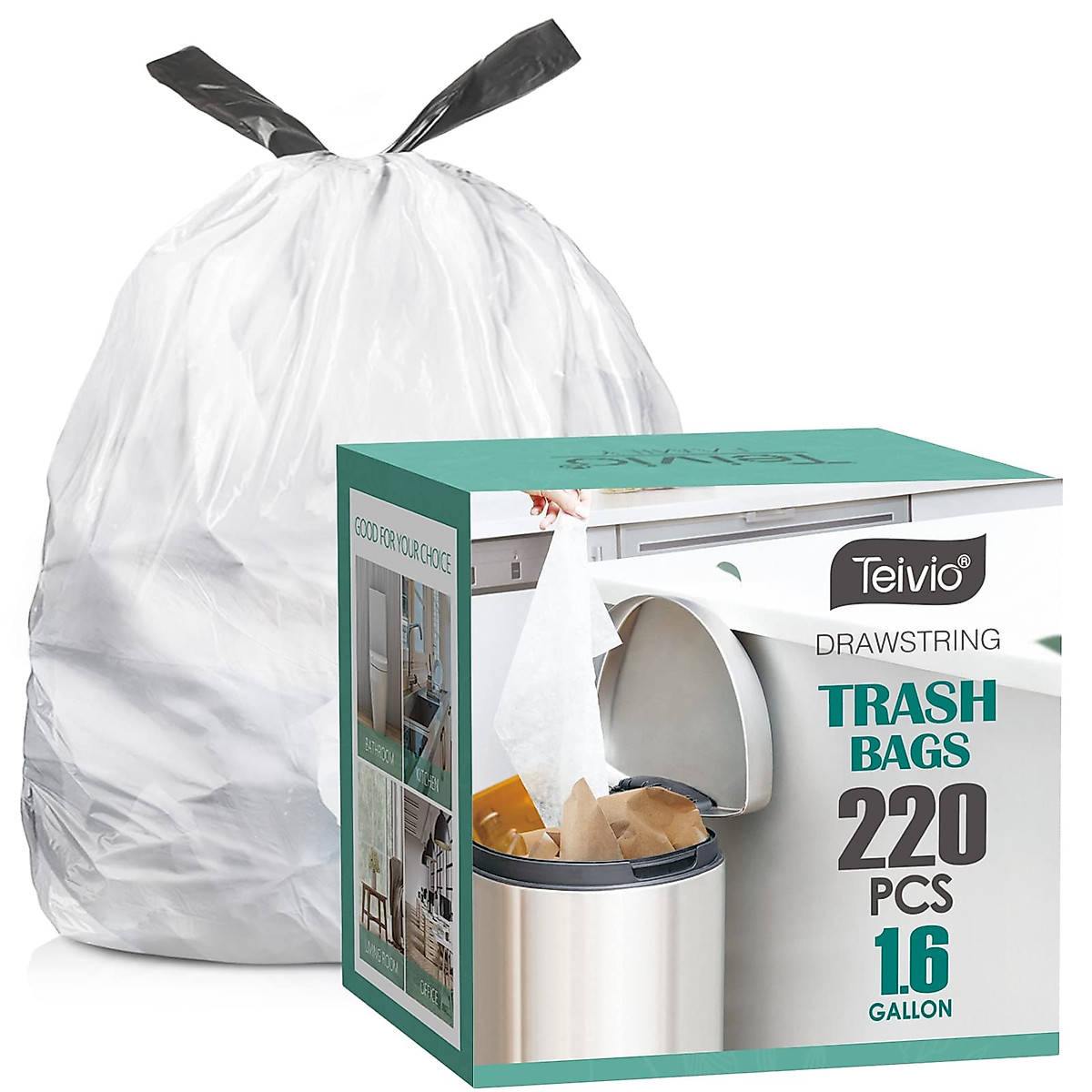 1.6 Gallon/220pcs Strong Drawstring Trash Bags Garbage Bags by Teivio, Bathroom Trash Can Bin Liners, Code b fit 6 Liter, Small Plastic Bags for home office kitchen