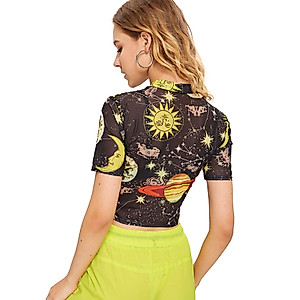 SweatyRocks Women's Short Sleeve Print See Through Sheer Mesh Crop Top T Shirt Black Star M