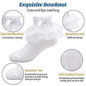 6 Pairs Toddler Baby Girls Ruffle Lace Trims Socks Princess Dress Bowknot Cotton White Ankle Soft Frily Socks Kids Child 4-6T