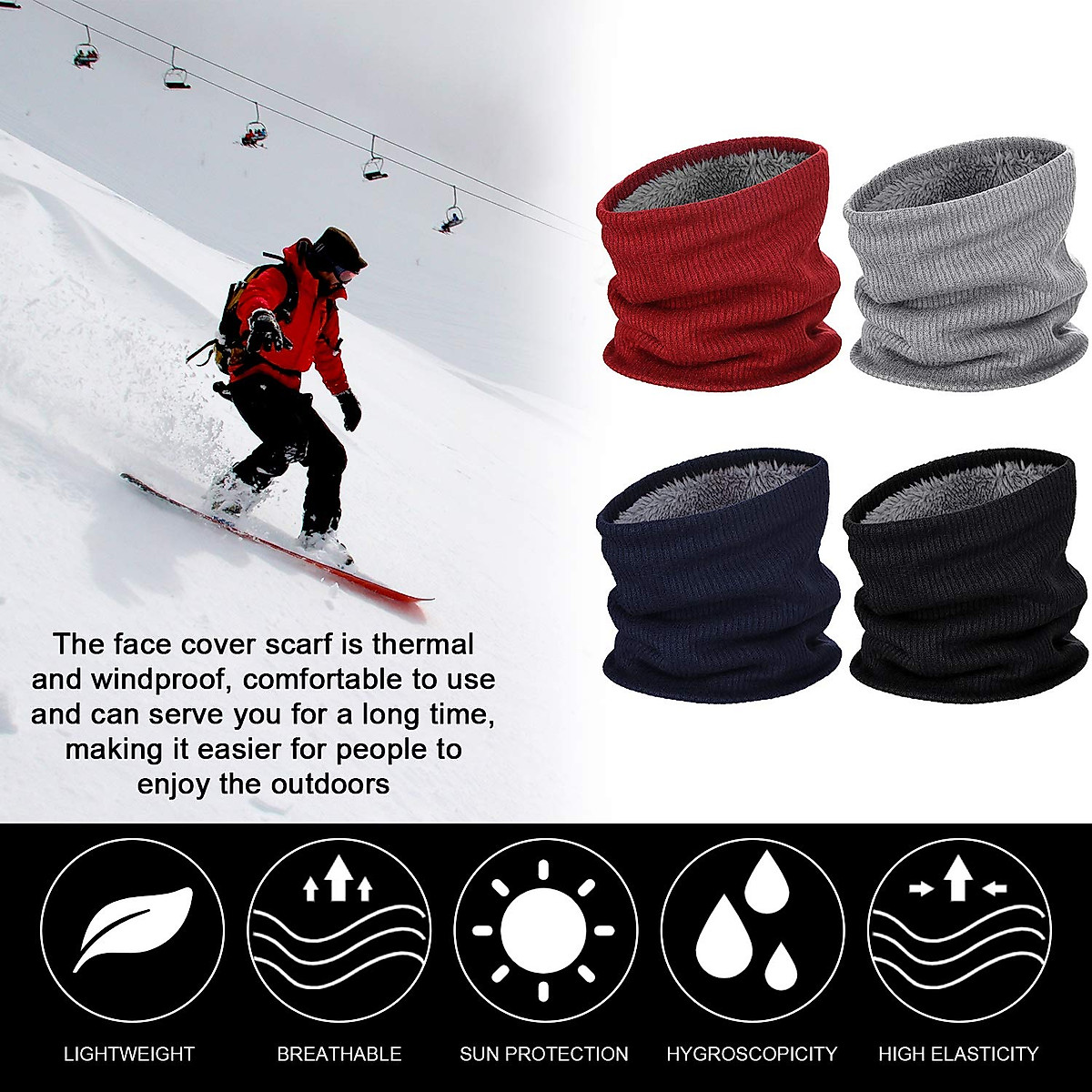 Syhood 4 Pieces Winter Neck Warmer Fleece Tube Scarf Thicken Knitted Windproof Bandana for Men and Women (Wine Red, Black, Navy Blue, Light Gray)