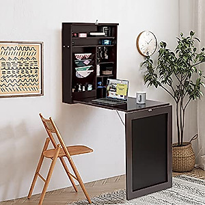 IFANNY Wall Mounted Desk with Storage Shelves, Folding Desk for Wall with Chalkboard, Fold Down Table Wall Mount, Small Floating Desk No Assembly Required (Brown)