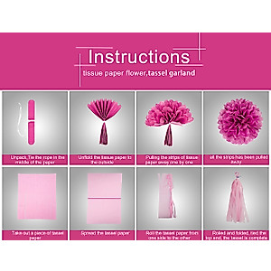 Hot Pink White Party Decorations - 23pcs Tissue Paper Flower Pom Poms Tassel Garland Pennant Banner Flags Streamers Women Girl Birthday Baby Bridal Shower Engagement Bachelorette Wedding Hanging Decor