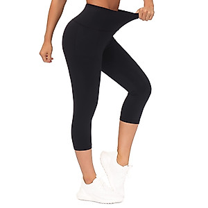 THE GYM PEOPLE Tummy Control Workout Capris Leggings with Pockets High Waist Athletic Yoga Pants for Women Running Hiking Black