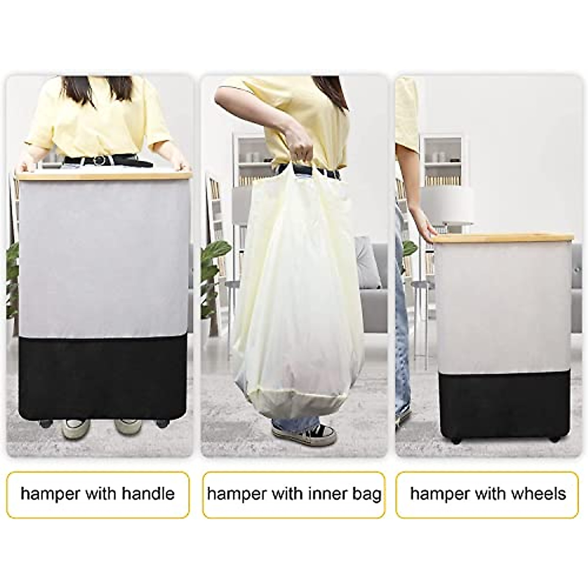 Large Laundry Hamper with Lid - Collapsible Laundry Baskets with Wheels and Removable Laundry Bag, 105L Capacity Dirty Clothes Hampers with Handles for Living Room, Bedroom, Laundry Room, Beige+Black