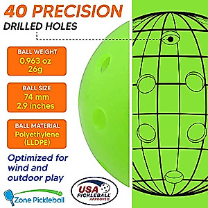 ZONE PICKLEBALL Neon Green Outdoor Pickleballs | USAPA Approved | 40 Holes | Durable | 6 Pack|