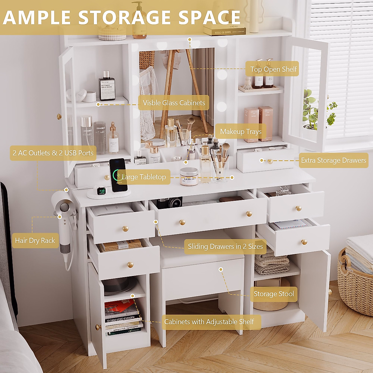 Makeup Vanity Desk with Mirror and Lights, White Vanity Table Set with Storage Drawers, Charging Station, Cabinets & Chair, Large Dressing Table with RGB Ambient Light for Women Girls Bedroom Bathroom