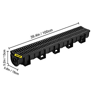 VEVOR Trench Drain System, Channel Drain with Plastic Grate, 5.9x5.1-Inch HDPE Drainage Trench, Black Plastic Garage Floor Drain, 3x39 Trench Drain Grate, with 3 End Caps, for Garden, Driveway-3 Pack