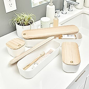 iDesign Recycled Plastic Compact Drawer Organizer Bin with Paulownia Wood Lid, Large, Coconut