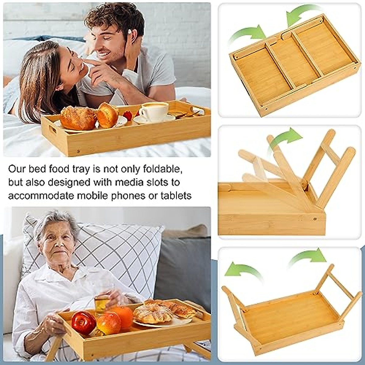 Leinuosen 2 Pcs Large Bed Tray Table with Media Slot 19.7 Inch Bamboo Breakfast Food Tray with Handles Folding Legs Portable Laptop Pad Desk TV Snack Tray for Eating, Reading, Working