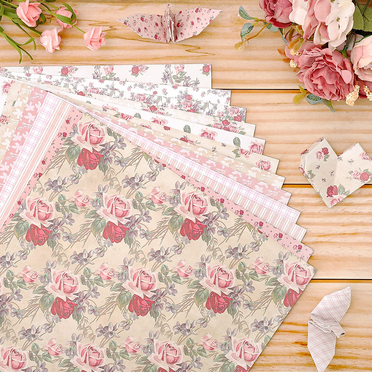 Whaline 12 Designs Spring Pattern Paper Pack 24 Sheet Rose Floral Scrapbook Specialty Paper Pink Double-Sided Collection Decorative Craft Paper for Card Making Scrapbook Photo Album Decor, 30 x 30cm