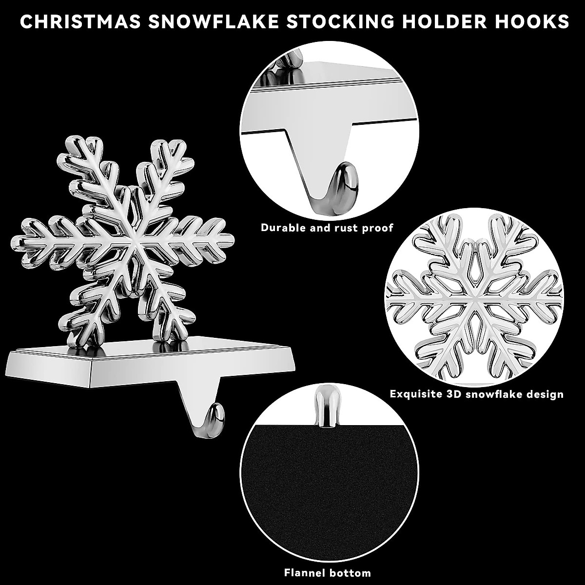 URATOT Pack of 4 Christmas Stocking Holders Snowflake Stocking Hangers Mantel Stocking Hooks for Christmas Decoration, Silver