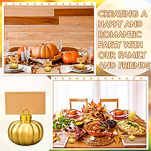 Soaoo 24 Set Thanksgiving Glass Harvest Pumpkin Place Card Holders with Thanksgiving Greeting Cards Fall Pumpkin Decor Table Name Holders Table Sign Card Holder for Thanksgiving Wedding Party (Gold)
