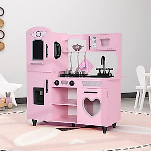 TaoHFE Wooden Play Kitchen Kids Kitchen Playset Toy Kitchen Sets for Girls Gift Kids Kitchen Playset Pink Toddler Kitchen for Kids Age 3+ Pretend Play with Lights & Sounds (Pink)