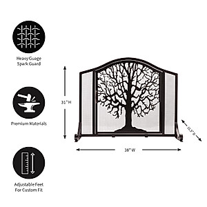 Plow & Hearth Metal Fireplace Screen Tree of Life Black | 38" W x 31" H | Flatguard | Spark Guard Grate | Iron Fire Place Cover | Wood Stove Accessories