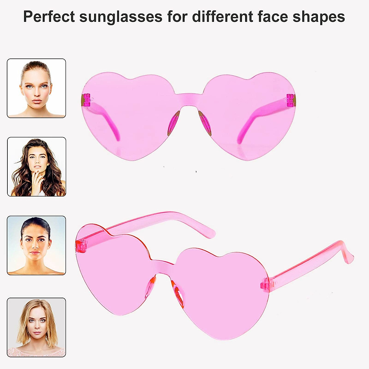 ZHANGBY 15 Pairs Heart Sunglasses Heart Glasses for Women Frameless Sunglasses Trendy Transparent Candy Color Party Sunglasses (Pink, Rose red, Red)