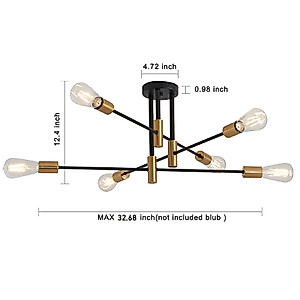 OUREDEEY Sputnik Chandelier - 6-Light Semi Flush Mount Ceiling Light Fixture,Mid Century Modern Hanging Light Fixtures,Black and Gold Chandeliers for Dining Room Bedroom Living Room Kitchen