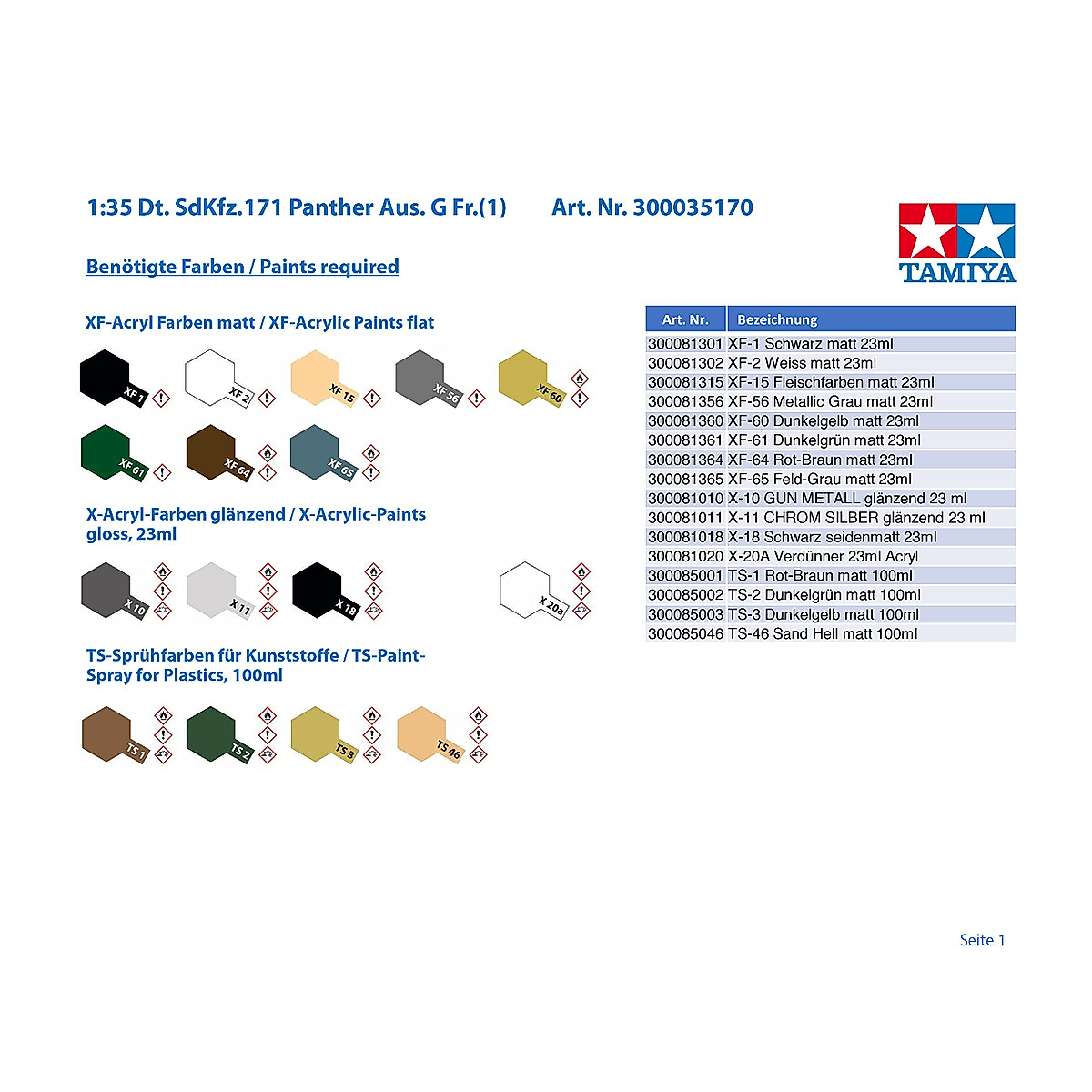 Tamiya 35170 1/35 Panther Type G Early Version Tank Plastic Model Kit