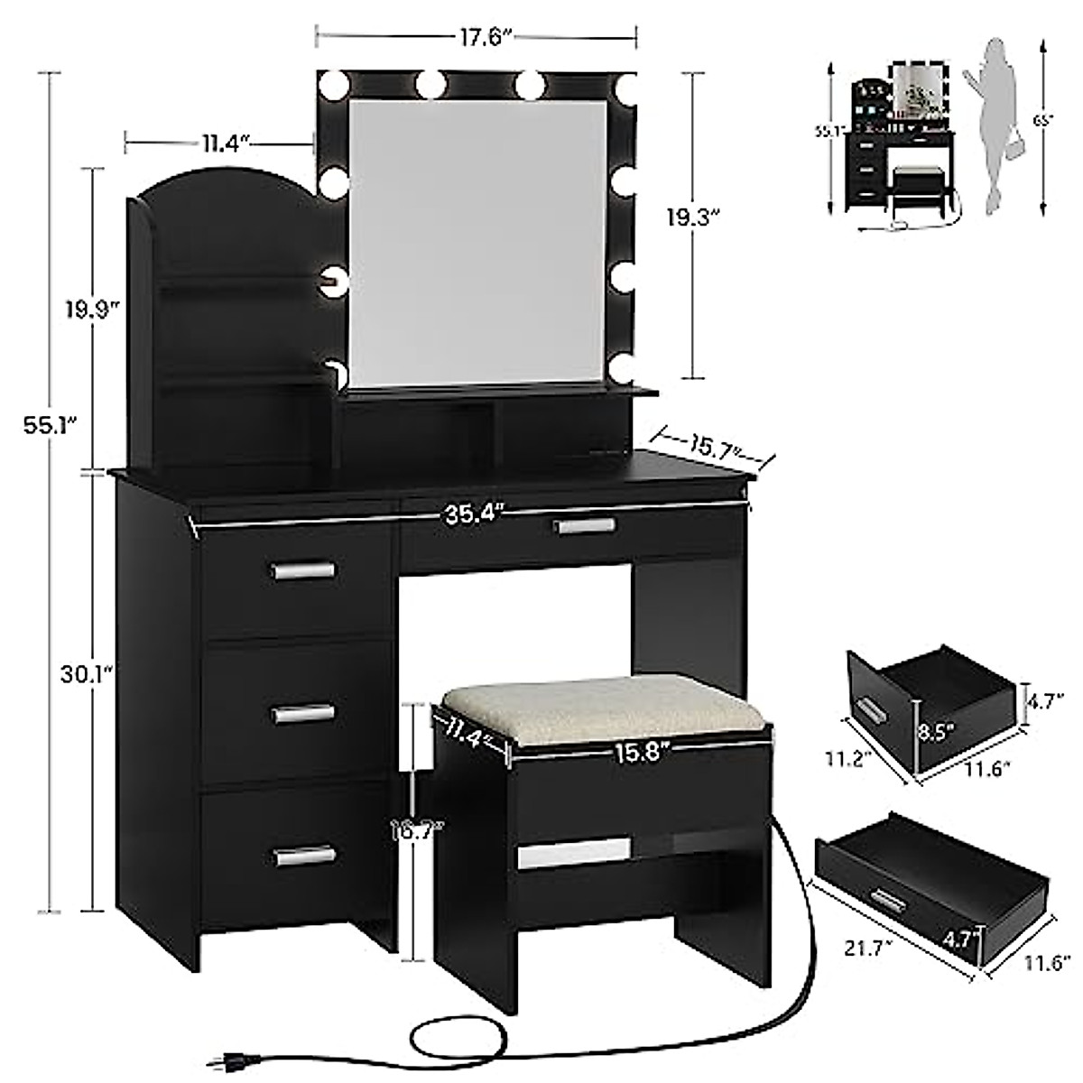 Quimoo Vanity Desk with Mirror and 10 LED Lights, Makeup Vanity with Charging Station and 4 Drawers Chest & Shelves, Vanity Set, Vanity Table with Cushioned Stool, for Bedroom, Black