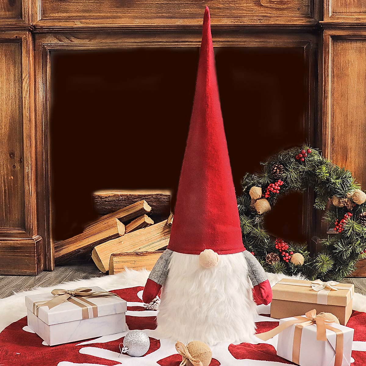 Ivenf 32 Inches Handmade Tomte Gnome Christmas Mantel Table Decorations, Extra Large Plush Swedish Scandinavian Santa for Xmas New Year Winter Holiday Home Decor, Red