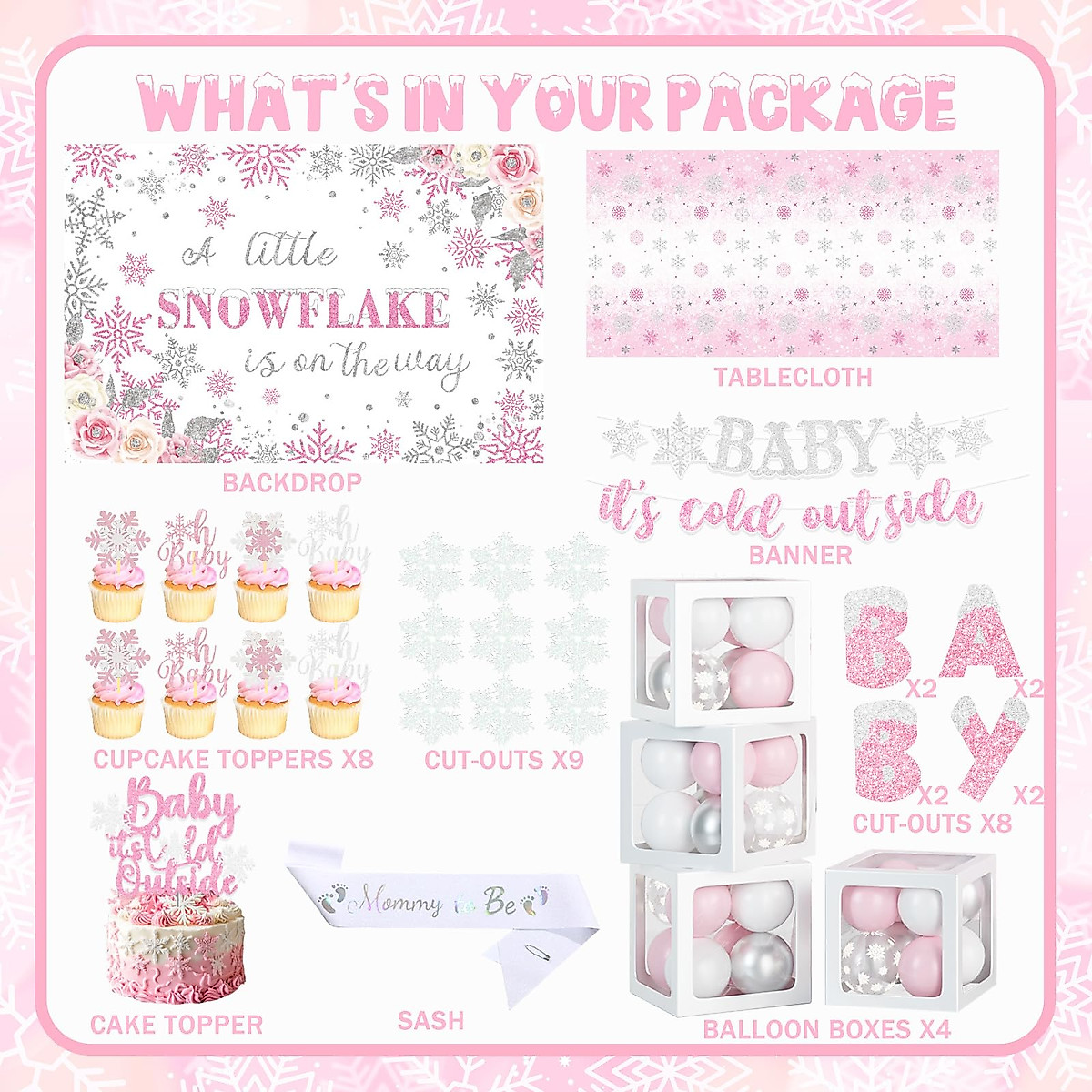 Fiesec Baby It’s Cold Outside Baby Shower Decorations Girl, Winter Wonderland Baby Shower Backdrop Balloon Garland Arch Glitter Banner Cake Topper Sash Snowflake Cutout Pink Silver 114 PCs