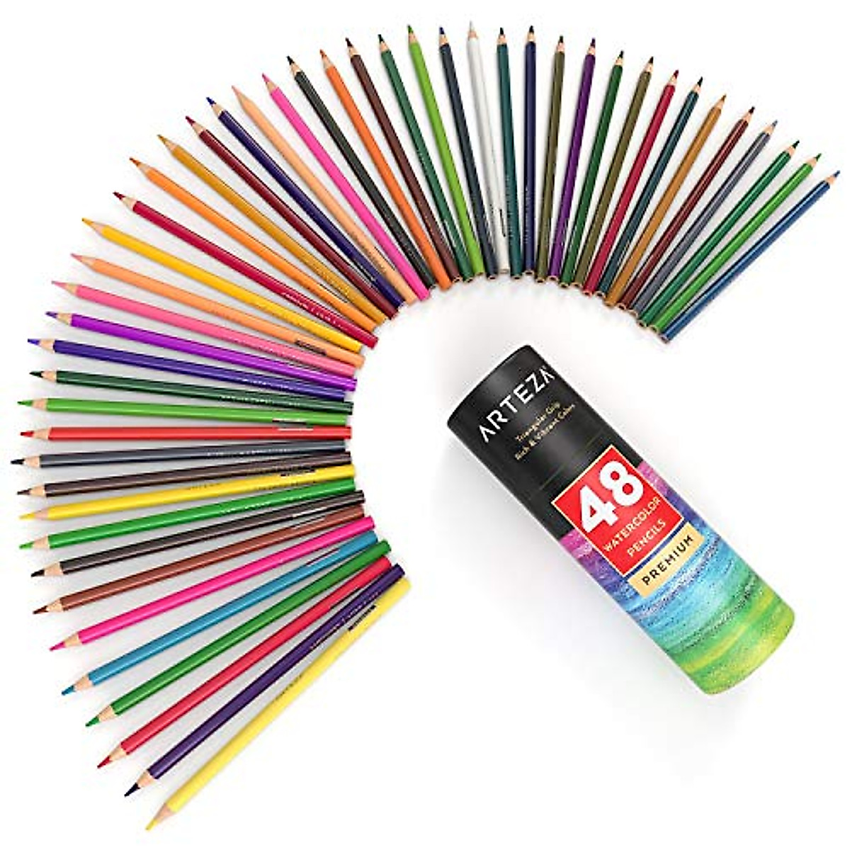 ARTEZA Watercolor Colored Pencils For Adult Coloring, Set of 48 Presharpened, Triangular-Shaped Drawing Pencils for Teens, Art Supplies for Sketching and Painting