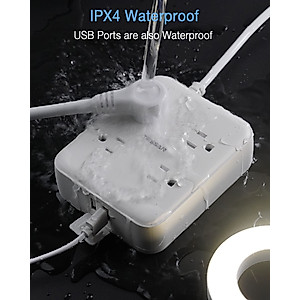 Outdoor Power Strip Weatherproof, TESSAN Waterproof Surge Protector with 4 Outlets 2 USB, Extension Cord 6 ft, Overload Protection, Shockproof, Flat Plug, Mountable for Bathroom Patio Garden, White