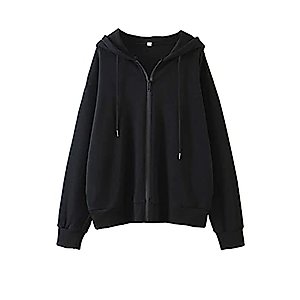 Meladyan Women Oversized Solid Zip Up Hoodie Drawstring Hooded Long Sleeve Fleece Vintage Sweatshirts Jackets Pockets 90s Black