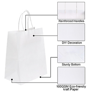Joybe 100 Pack 8x4.75x10 Inch Medium White Kraft Paper Bags with Handles Bulk, Craft Paper Gift Bags for Party Favors Grocery Retail Shopping Business Goody Merchandise Take Out Blank Sacks (100pcs)