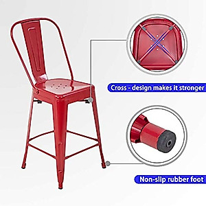 24 Inch Metal Bar Stools with Back Counter Height Bar Stools, Metal Chairs Set of 4 Indoor Outdoor Stackable Kitchen Stools Dining Chair Metal Restaurant Chair, Red