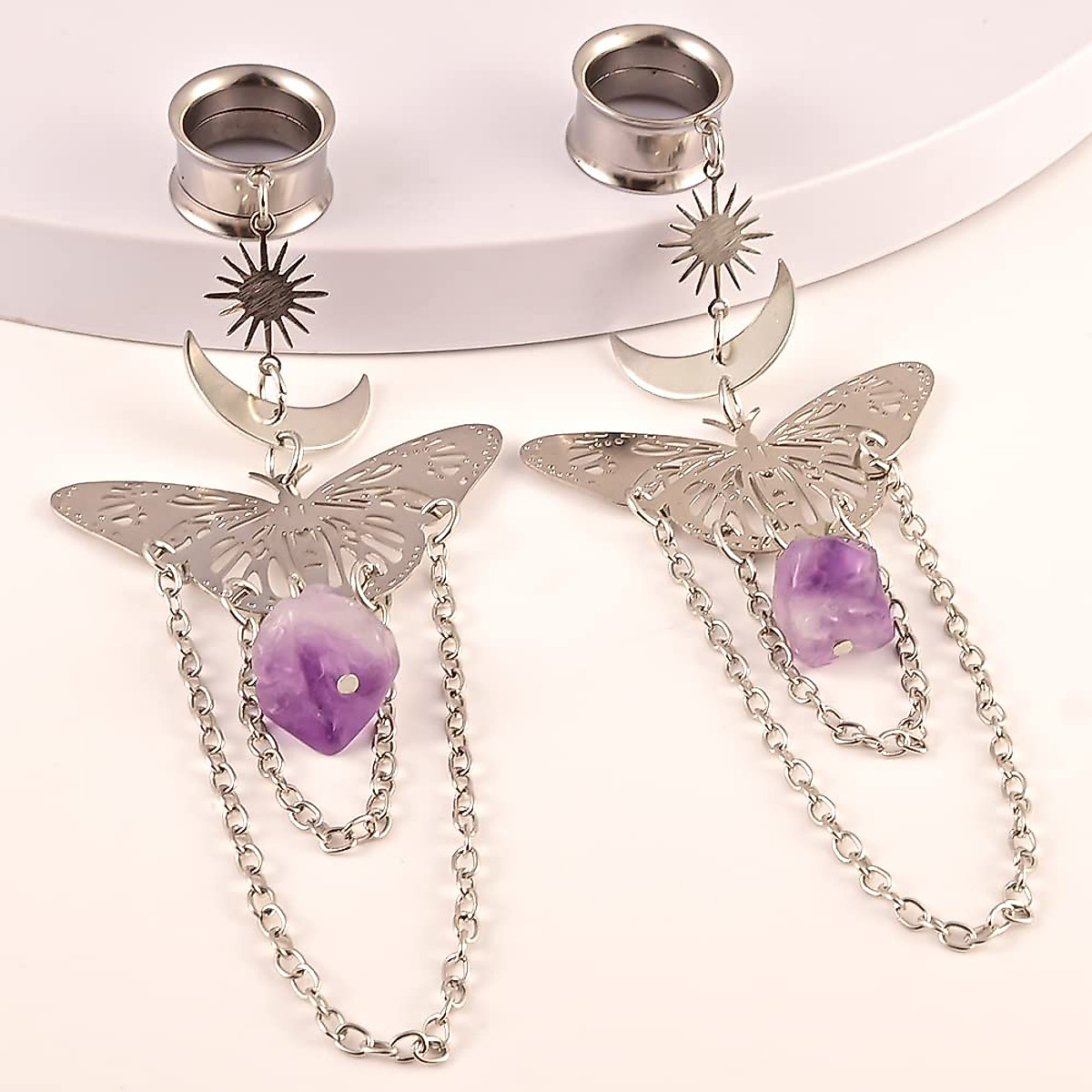 DOEARKO 2PCS New Butterfly-Pendant Hypoallergenic Stainless Steel Dangle Ear Plugs Tunnels Ear Gauges Stretcher Pair Selling 2g 0g Piercing Body Jewelry (10mm(00G), Silver)