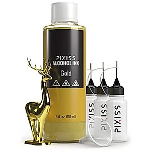 Gold Alcohol Ink for Resin - Metallic Alcohol Ink Gold Color 4-Ounce for Epoxy Resin, Tumblers, Resin Art, Alcohol Ink Paper, Gold Pigment Ink, 3 Pixiss Needle Tip Applicator Bottles and Funnel