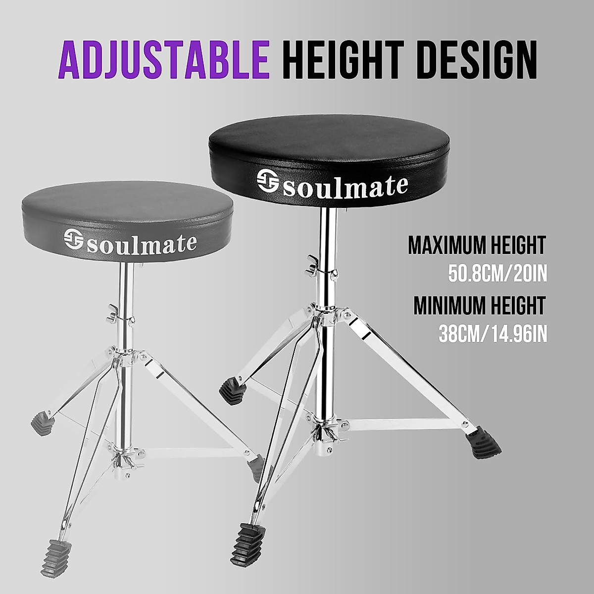 soulmate Drum Throne Drum Stool Padded Drum Seat Height Adjustabl Drumming Stools with Drumsticks, Anti-Slip Feet Portable Folding Drum Chair for Kids Adults, Black