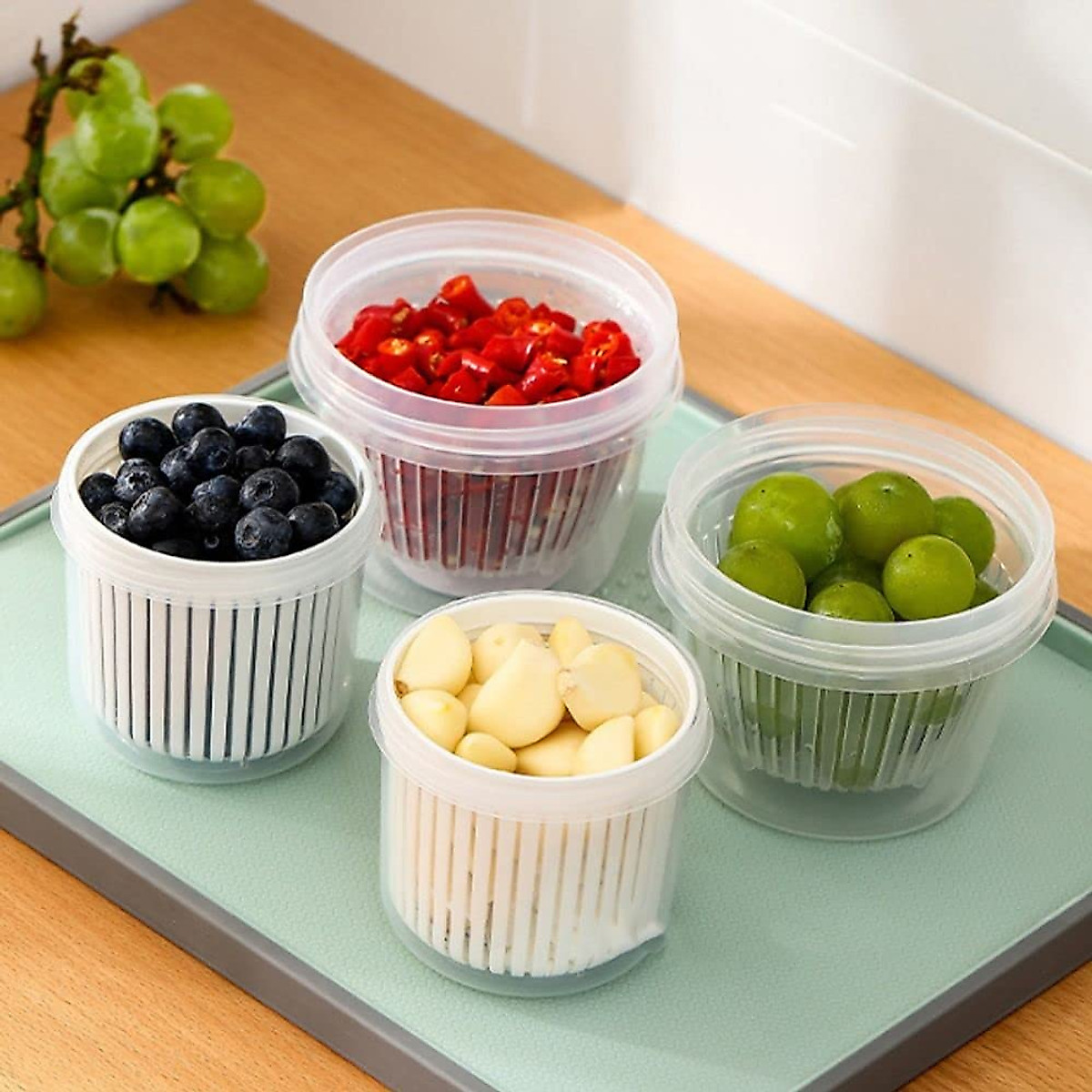 gofidin 4 Pcs Vegetable Storage Box, Ginger Garlic Onion Keep Fresh Container with Drain Basket Double Layer Plastic Transparent Food Drainage Sealing Box