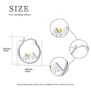 Mountain Earrings 925 Sterling Silver Women's Sun Mountain Hoop Earrings Hypoallergenic Mountain Jewelry Gift for Skiers Hiking Mountain Nature Lovers