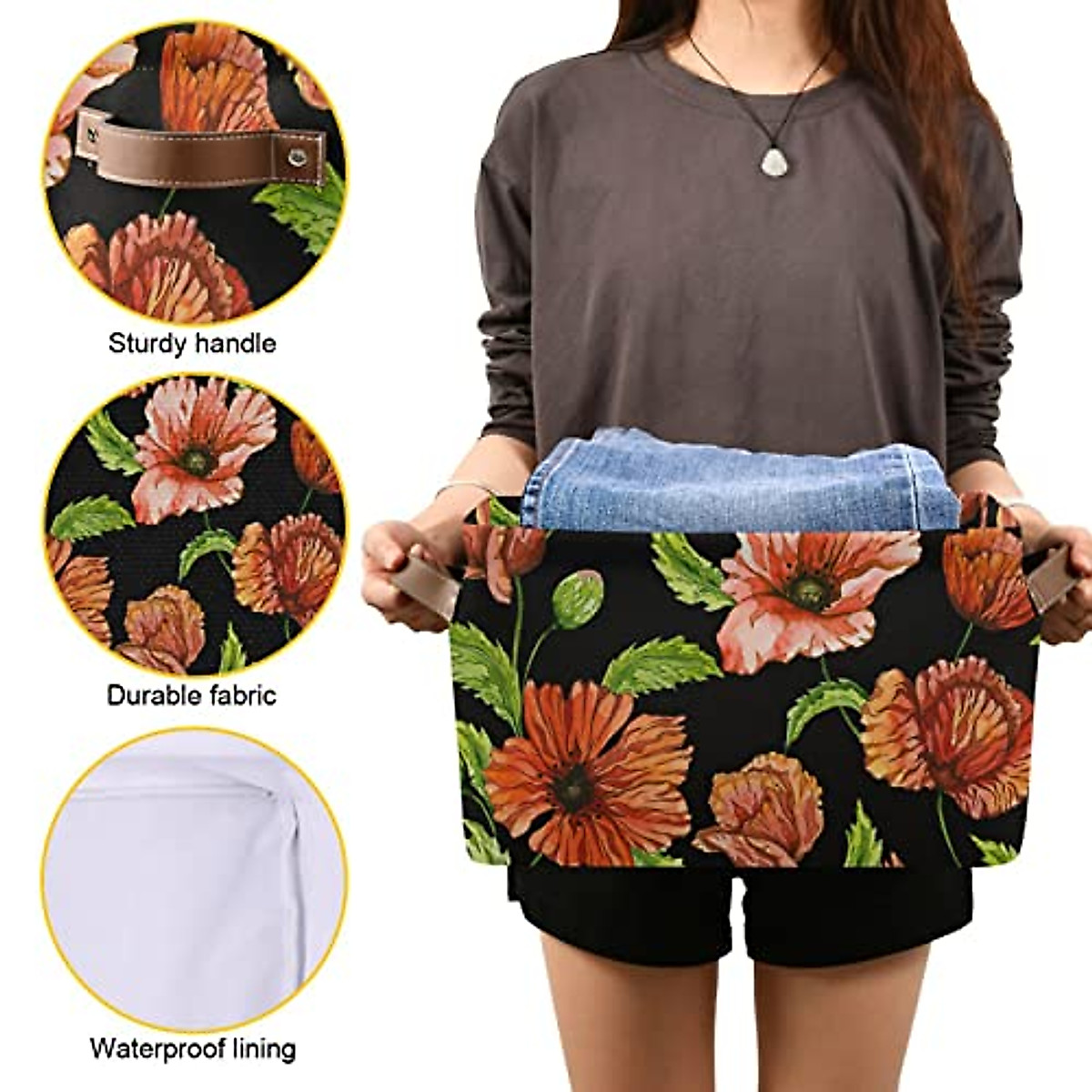 Red Poppy Square Storage Basket Flowers Black Storage Bins Canvas Toys Box Closet Shelf Decorative Organizer Bag with Handles for Bedroom Home Office, 1 Pc