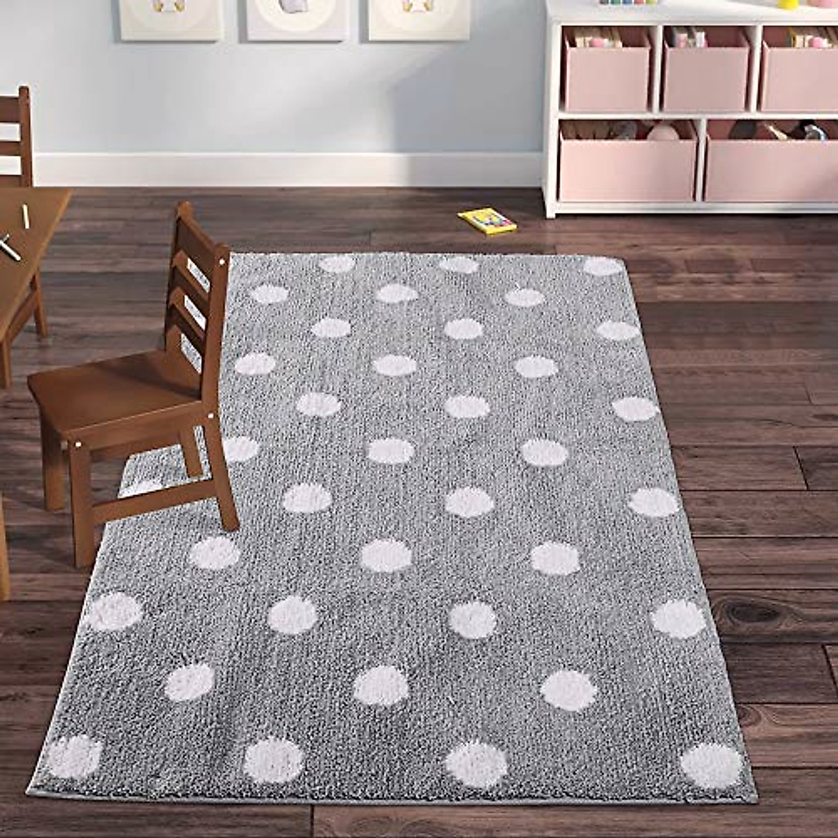 LIVEBOX Polka Dots Area Rugs, 3’x 5’ Kids Play Mat Soft Plush Baby Crawling Mat Non-Slip Throw Carpet for Teen Girl Living Room Bedroom Playroom Nursery Decor Best Shower Gift (Gray)