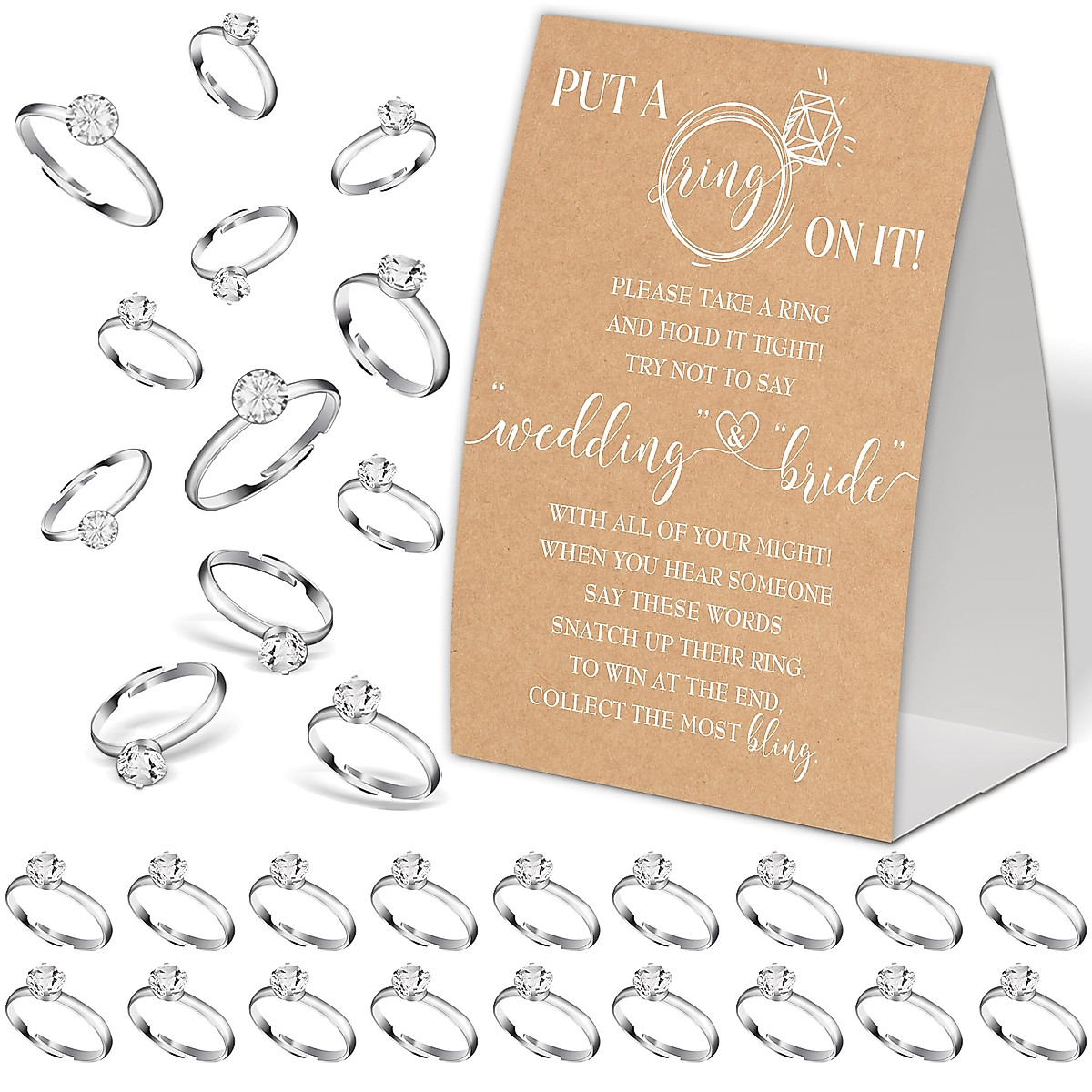 Bridal Shower Games Put A Ring on It,Bridal Shower Decorations,Rustic Wedding Game Card,Engagement Party Games,Bridal Shower Favors,Plastic Rings for Bridal Shower Game(16)