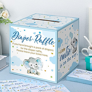 Teling 51 Pieces Diaper Raffle Tickets with Diaper Raffle Card Box Baby Shower Decorations Baby Shower Holder Box for Girl Boy Diaper Raffle Party(Blue Elephant)