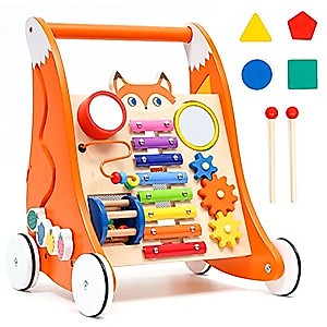 Wooden Baby Walker Baby Push Walker with Multiple Entertainment Activity Center, Sit-to-Stand Learning Baby Walkers for 1 Year Old Boys Girls Infants
