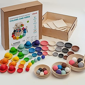 Ulanik Colors and Sizes Toddler Montessori Toys for 3 Year Old + Kids Wooden Matching Game for Learning Size & Color Sorting and Counting — 36 Balls on Plates