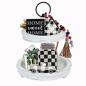 Rorain Tiered Tray 2 Tier Farmhouse Serving Tray 13" X 13" Distressed White Wooden Decorative Tray for Cake, Fruit, Cookie, Food and Party Display