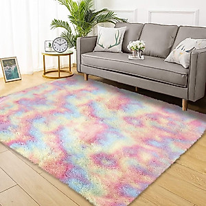 COZYLOOM Area Rug 9x12 Soft Fluffy Rainbow Kids Rug Luxury Fuzzy Shag Rug for Girls Room Bedroom Modern Indoor Plush Thick Non-Slip Shaggy Rug for Living Room Nursery Cute Carpet Tie-Dyed Yellow Pink