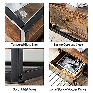 SICOTAS Nightstand Set of 2 - Tempered Glass Top with Drawer - Modern Glass Night Stand with Drawer and Storage Shelf, Industrial End Table Side Table, Bedside Table with Metal Frame for Living Room